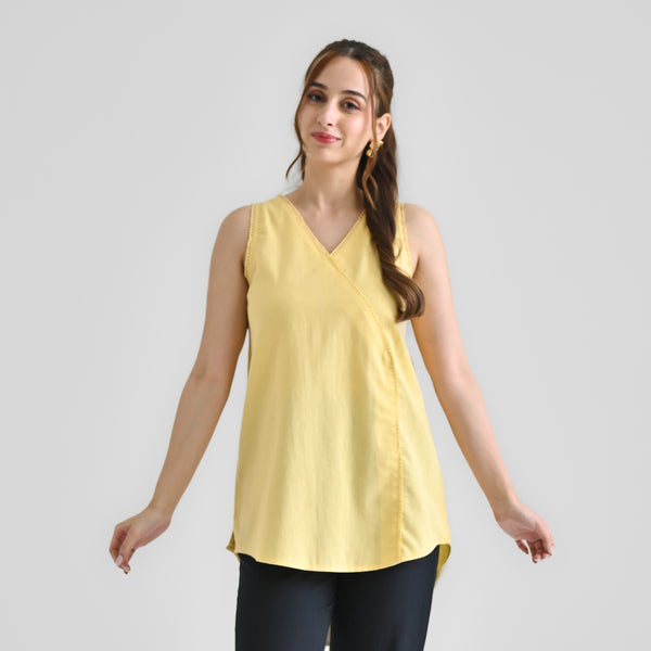 Buy Mango Yellow Cotton Sleeveless Tunic with Lace Detail | Rustorange