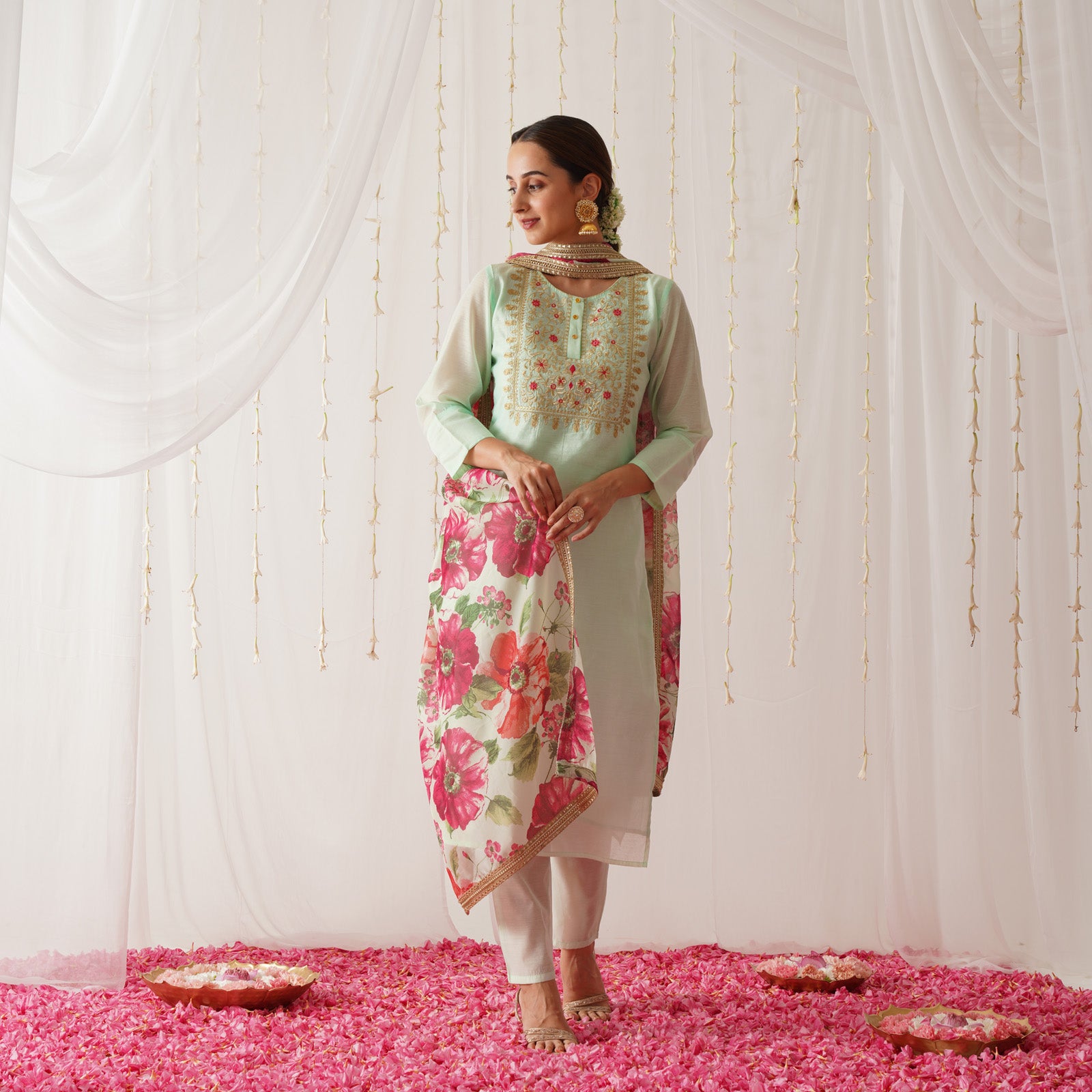 Buy Mint Green Embroidered Chanderi Kurta Set for Women | Rustorange