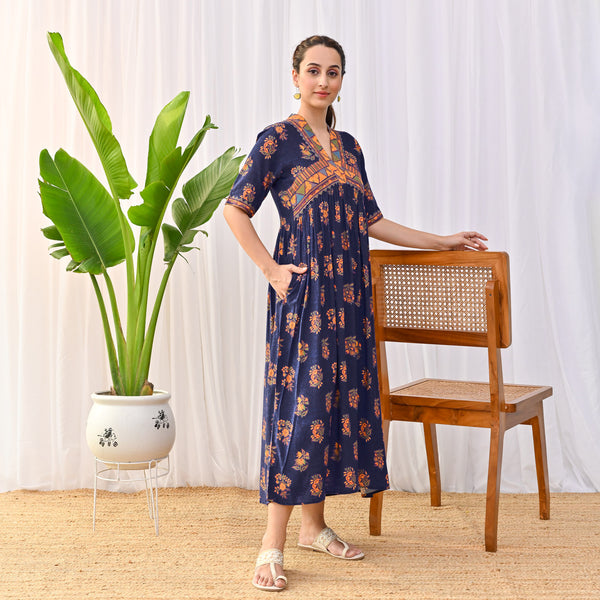 Buy Peppy Blue V Neck Alia Cut Gathered Dress | Rustorange