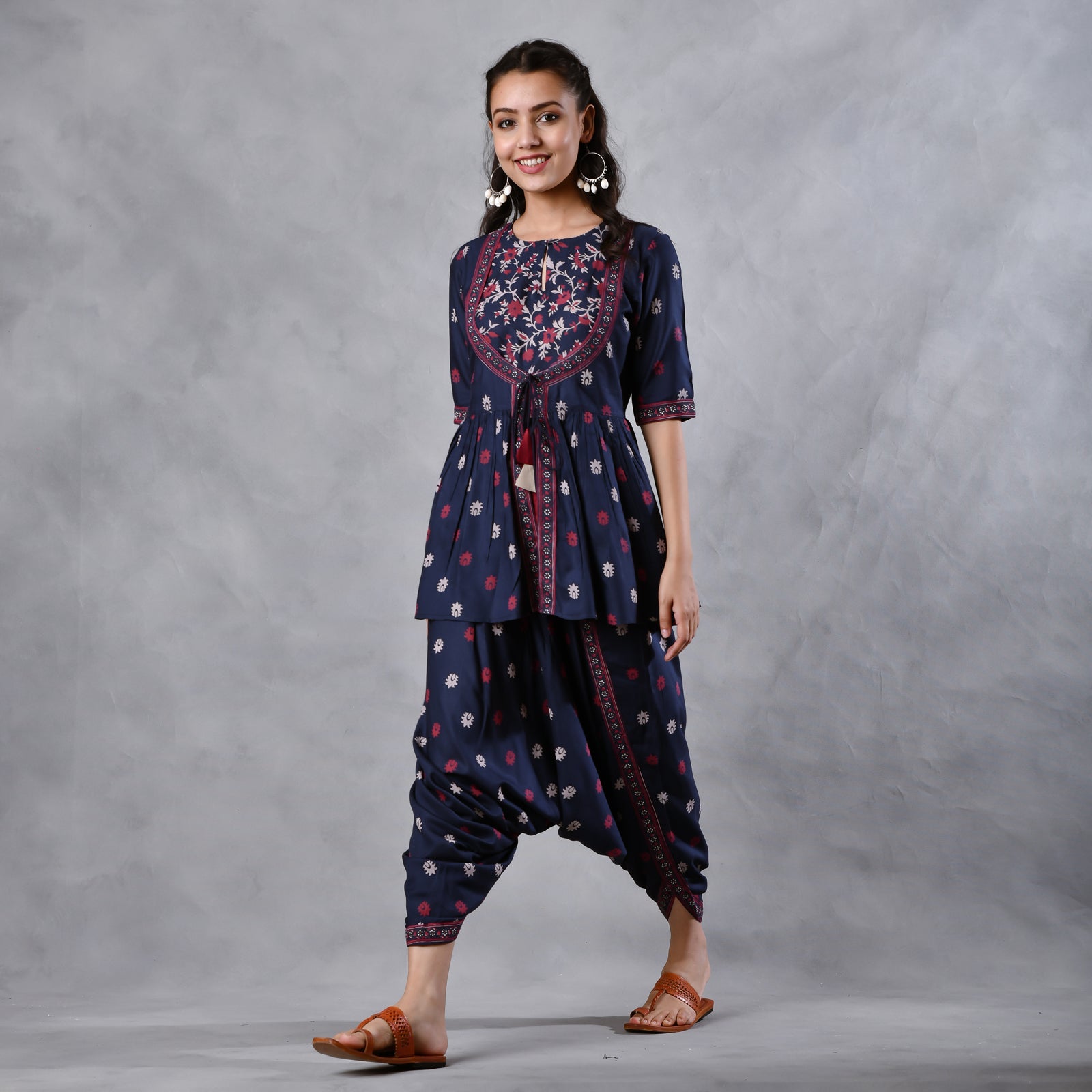 Buy Deep Blue Gathered Top Dhoti Set with Yoke & Tassel Details ...
