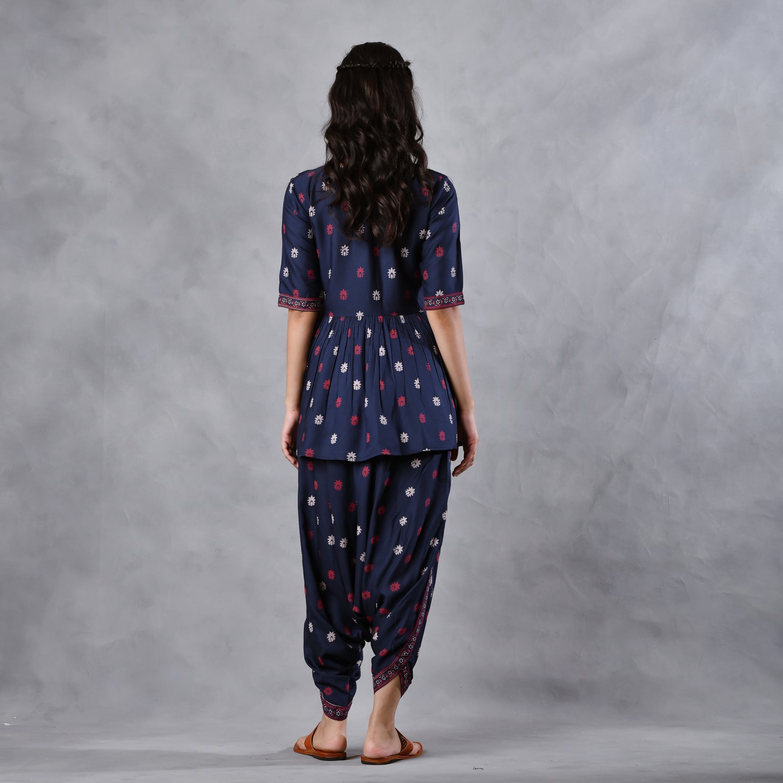 Buy Deep Blue Gathered Top Dhoti Set with Yoke & Tassel Details ...