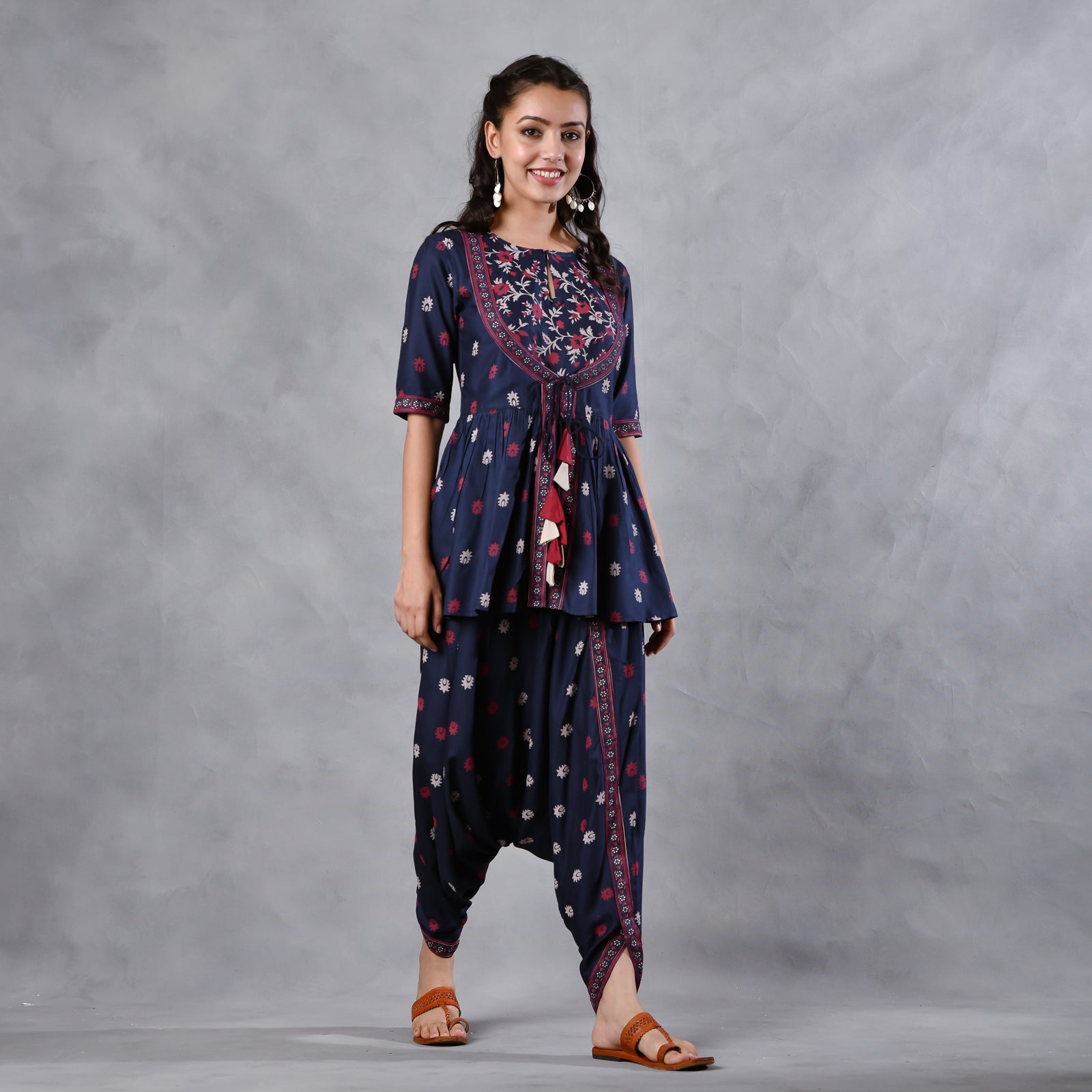 Buy Deep Blue Gathered Top Dhoti Set with Yoke & Tassel Details ...