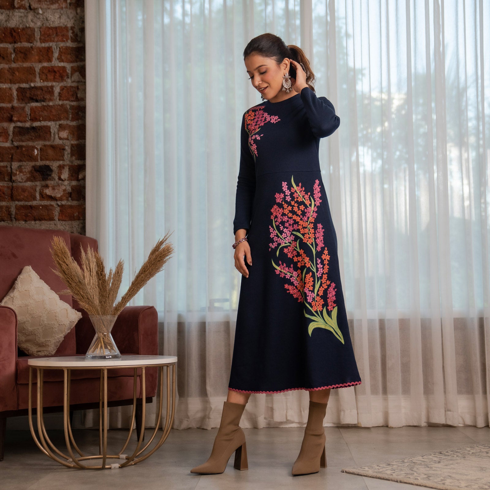 Buy Navy Blue Acrylic Floral Flared Dress | Rustorange