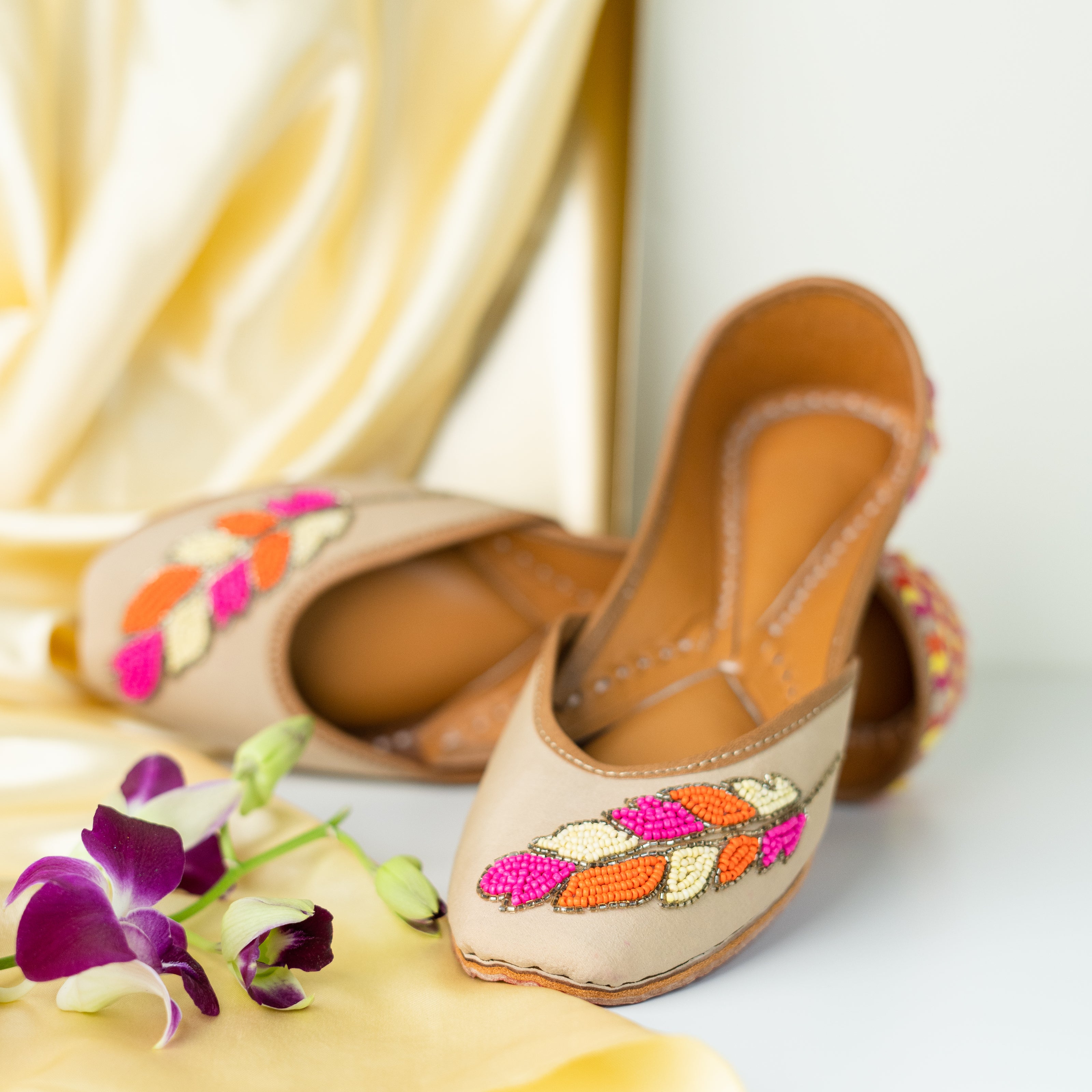 Buy Beige Sequins and Beaded Leaf Jutti | Rustorange