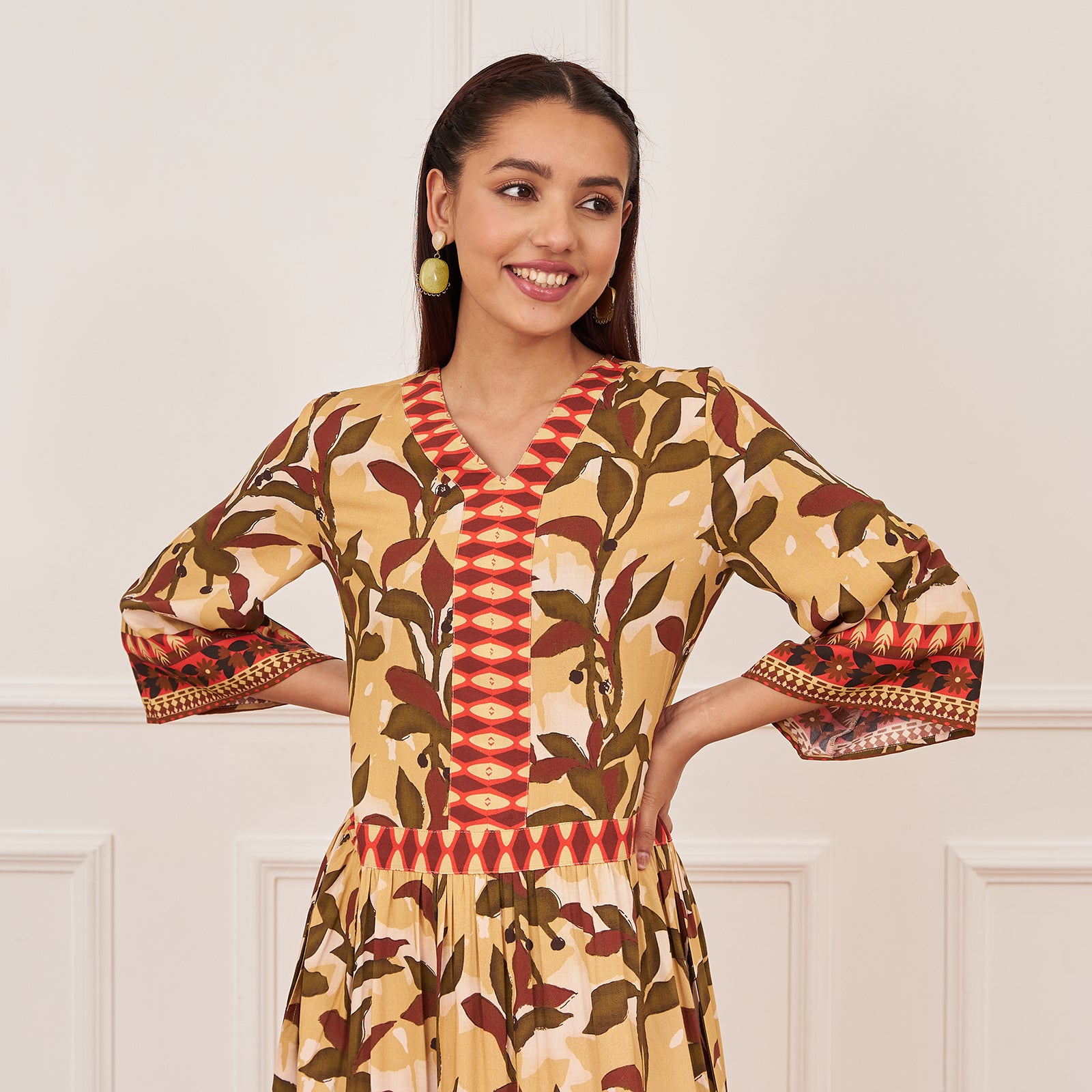 Buy Yellow Leaf Print Tiered Dress | Rustorange