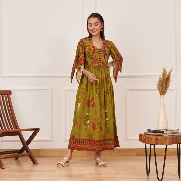 Buy Olive Green Gathered Dress with Flutter Sleeves | Rustorange