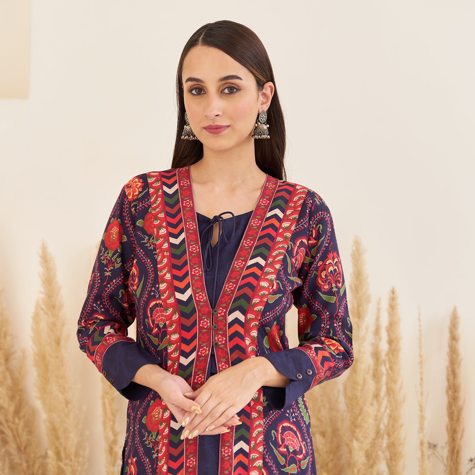 Buy Navy Blue Side Slit Dress with Long Shrug | Rustorange