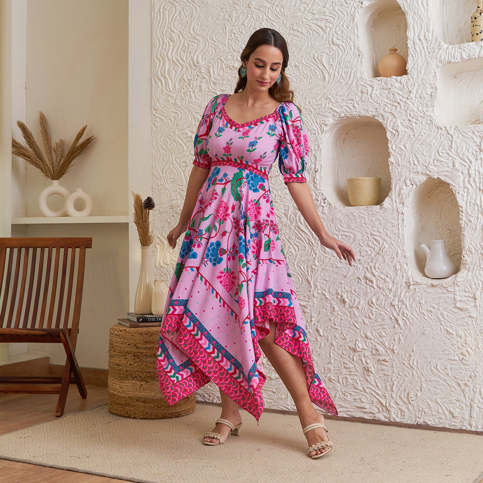 Buy Lavender Handkerchief Dress with Puff Sleeves | Rustorange