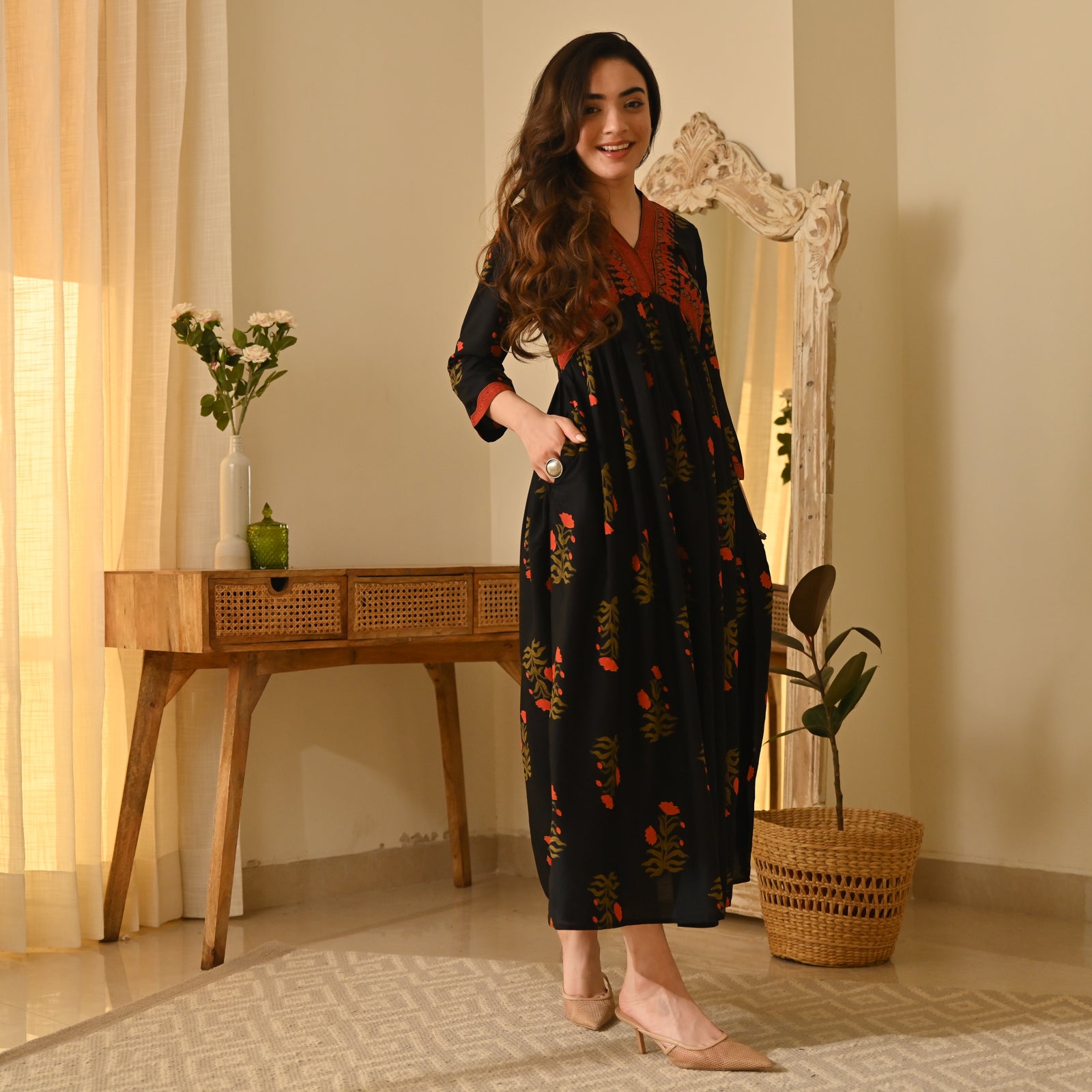 Buy Gulbagh Black V Neck Dress | Rustorange